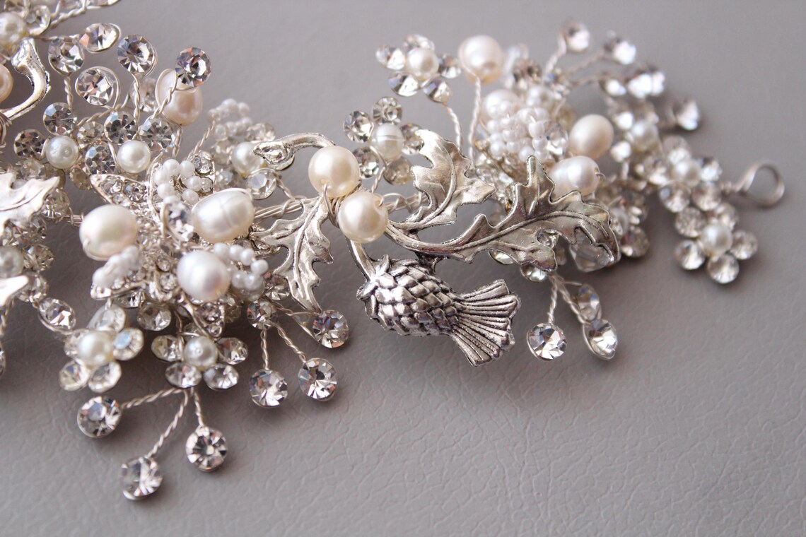 Silver Floral Hair Vine, Scottish Thistle Bridal Headpiece, Bridal Hair ...
