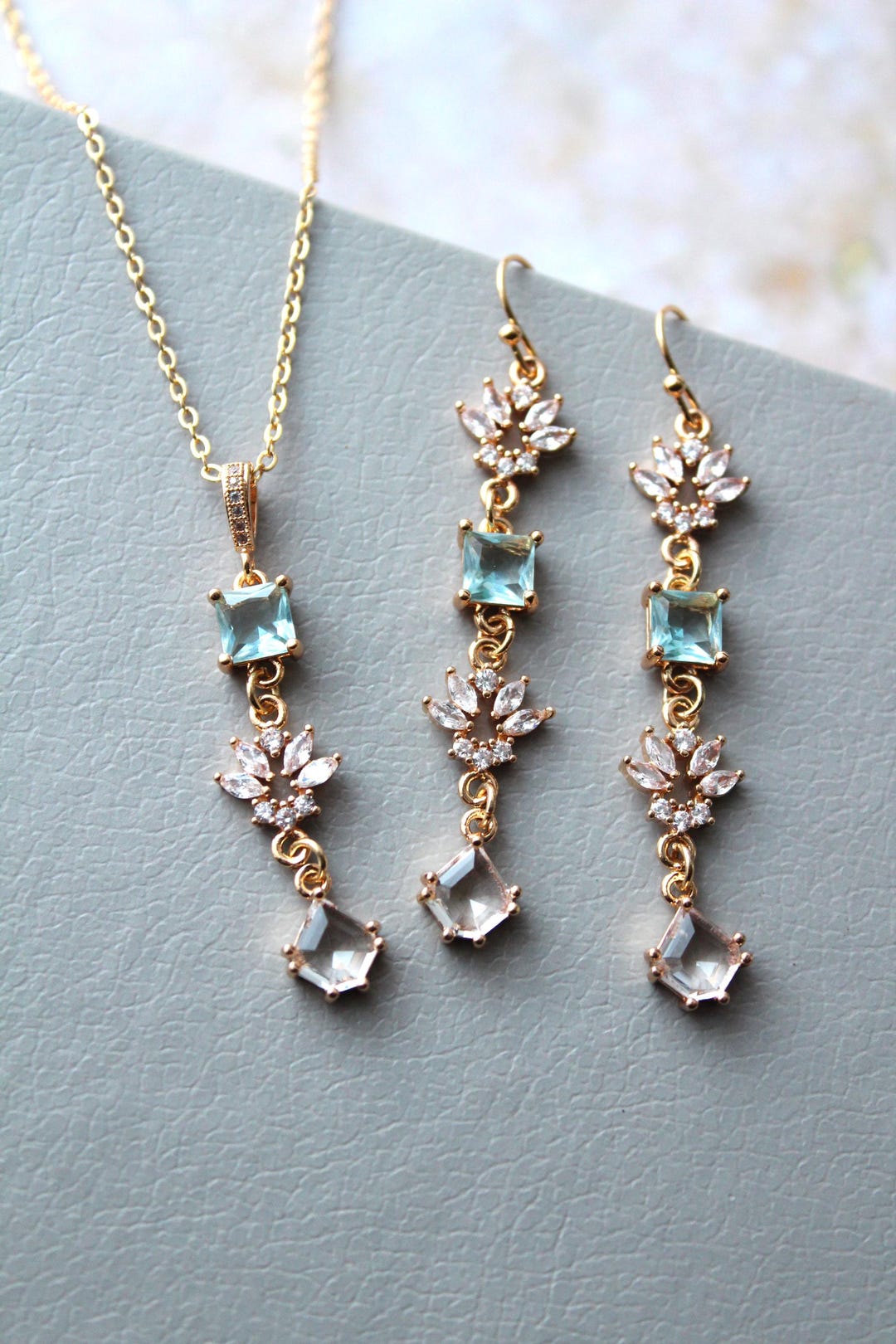 Gold Bridal Jewelry Set: Something Blue Crystal Drop Earrings, Wedding ...