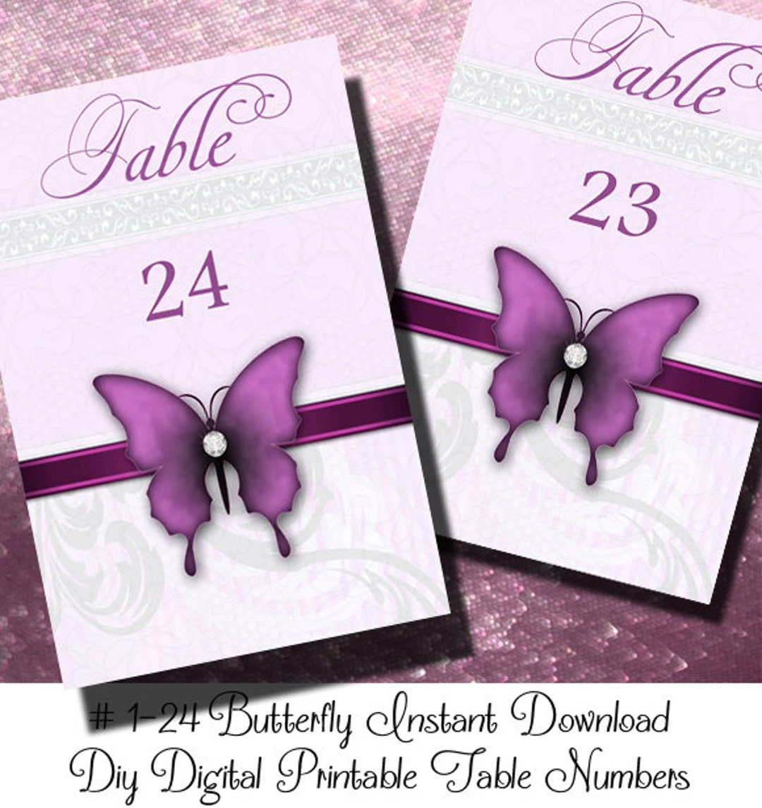 Instant Download Butterfly Printable Table Numbers 1-24 | Wedding Table ...