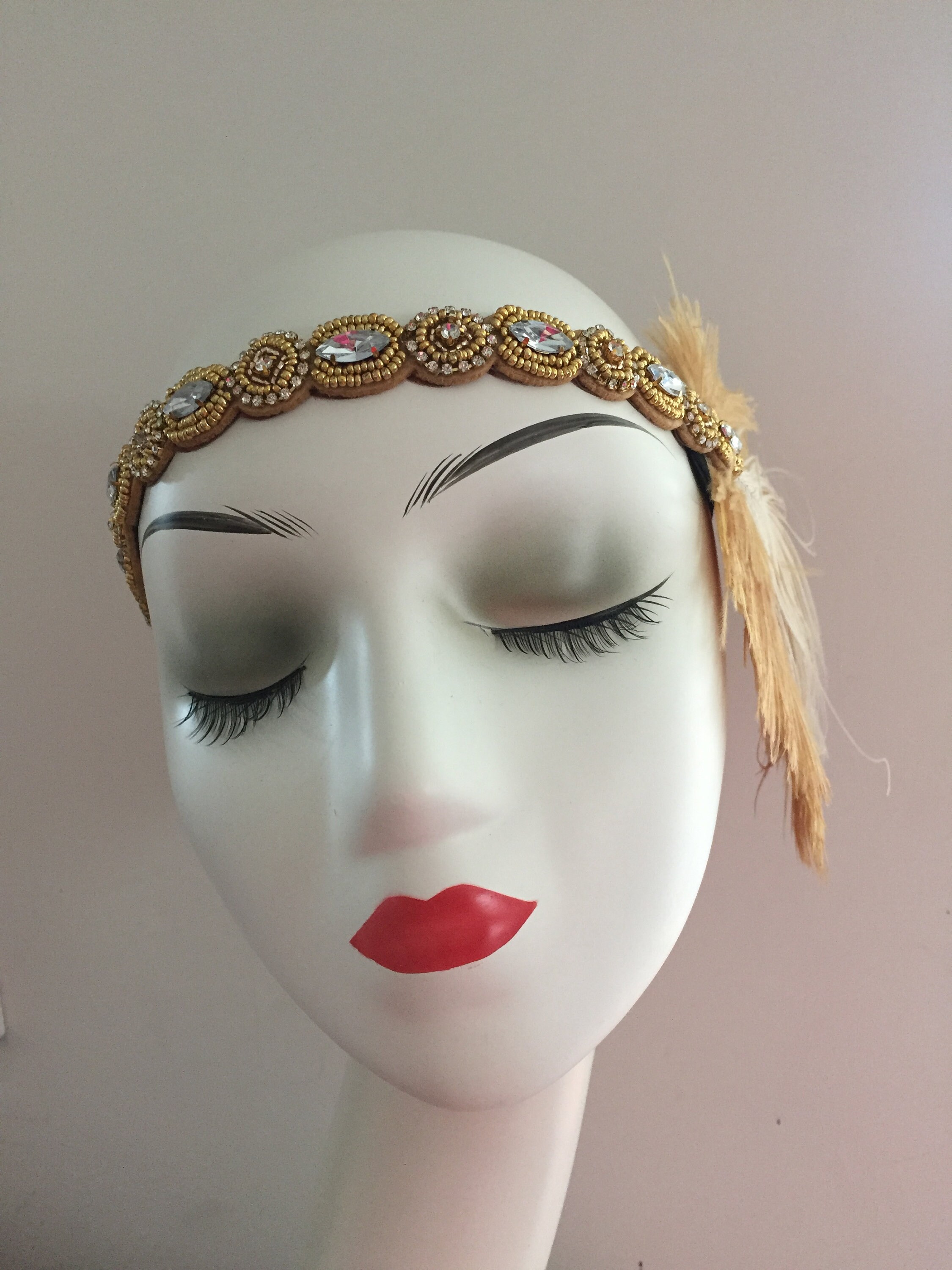 Gold Ostrich Feather Head Dress Headband with Rhinestone | Etsy