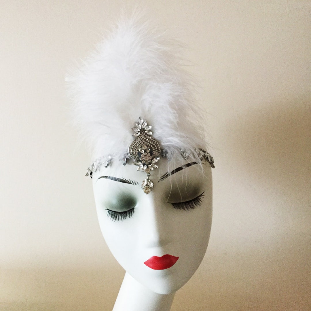 Fluffy Marabou Feathers 20s Flapper Rhinestone Hair Clip & Headband ...