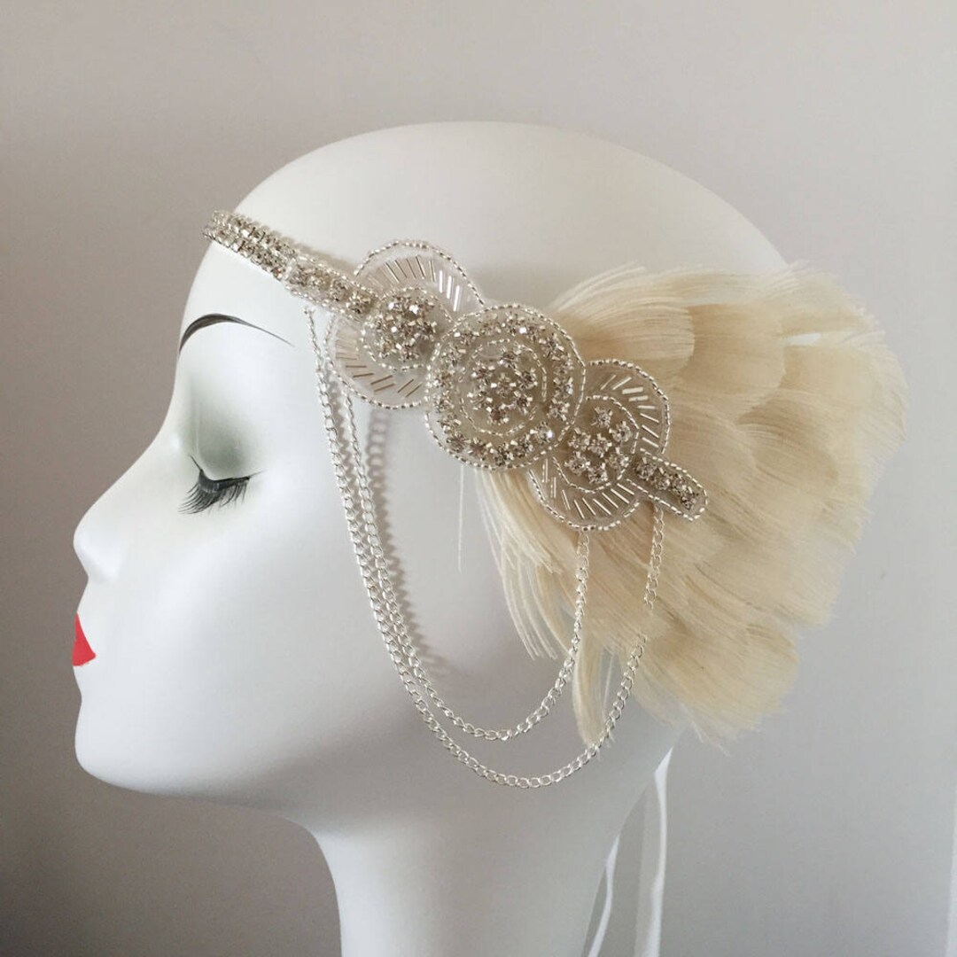Ivory Peacock Feather 20s Flapper Rhinestone Headband Head - Etsy