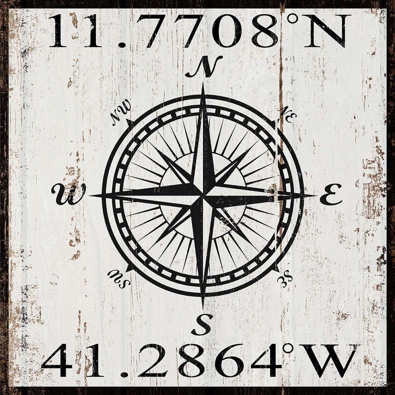Compass Wood Sign Personalized Latitude Longitude Print Wooden Compass ...