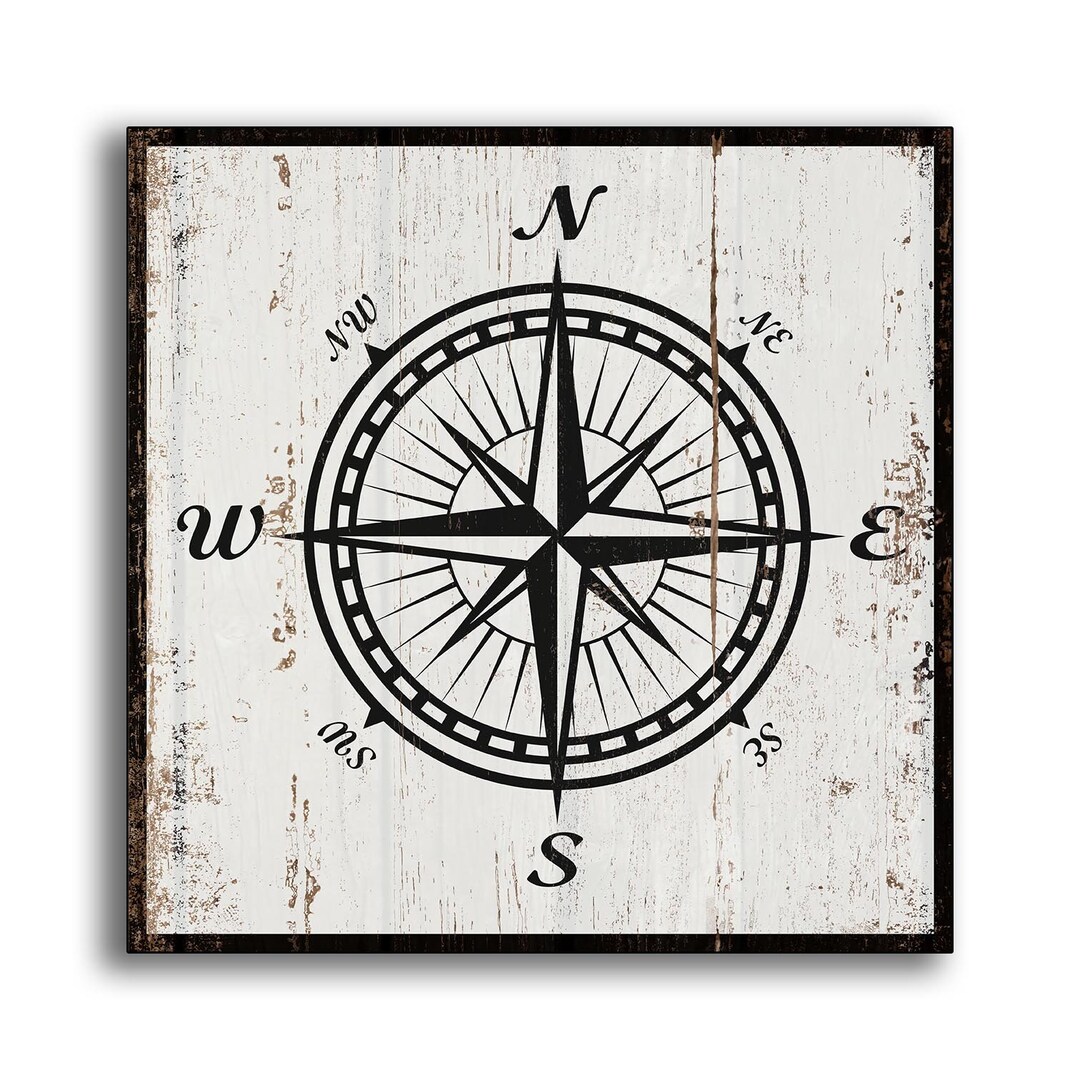 Compass Canvas on Wood Sign States Print Wooden Compass Rose Plaque ...