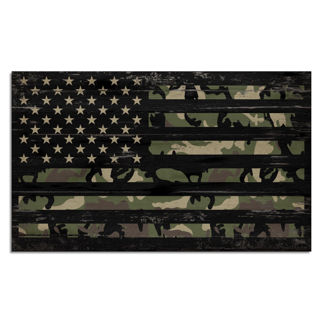 USA Camouflage Pattern Canvas on Wood Flag Sign American Flags Wooden ...