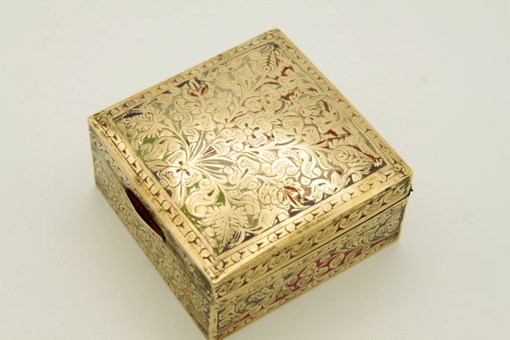 Beautiful Ornate Hinged Brass Enameled Box K.K. India… - Gem