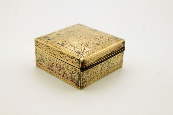 Beautiful Ornate Hinged Brass Enameled Box K.K. India… - Gem