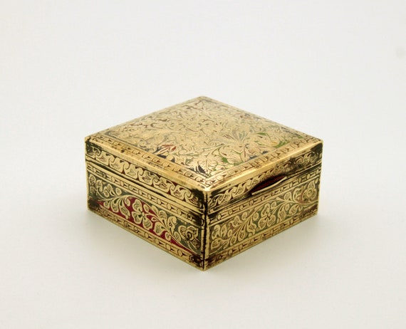 Beautiful Ornate Hinged Brass Enameled Box K.K. India… - Gem