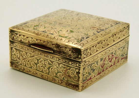 Beautiful Ornate Hinged Brass Enameled Box K.K. India… - Gem