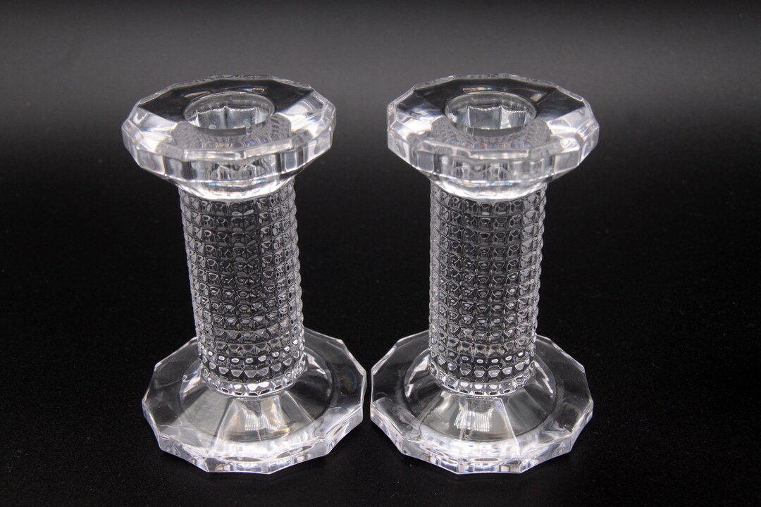 Pair of Vintage Lead Crystal Diamond Cut Pillar Candlesticks, Wedding ...