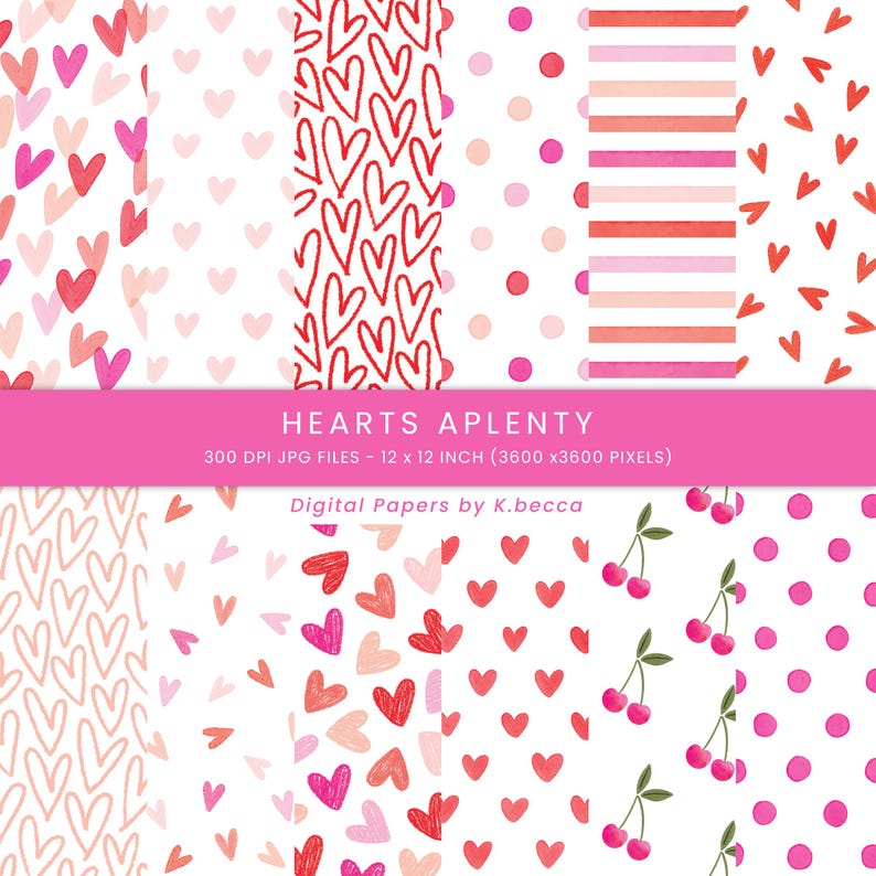 Hearts Printable, Valentine's Day Digital Papers, Watercolor Hearts ...