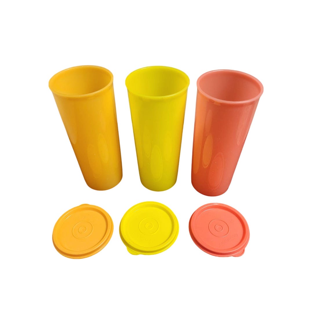 Tupperware Tumbler Set With Lids 3 Bright Colors Durable Plastic Retro ...