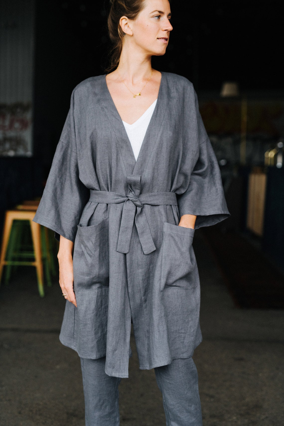 Doha Kimono Grey Linen Kimono Long Linen Kimono - Etsy