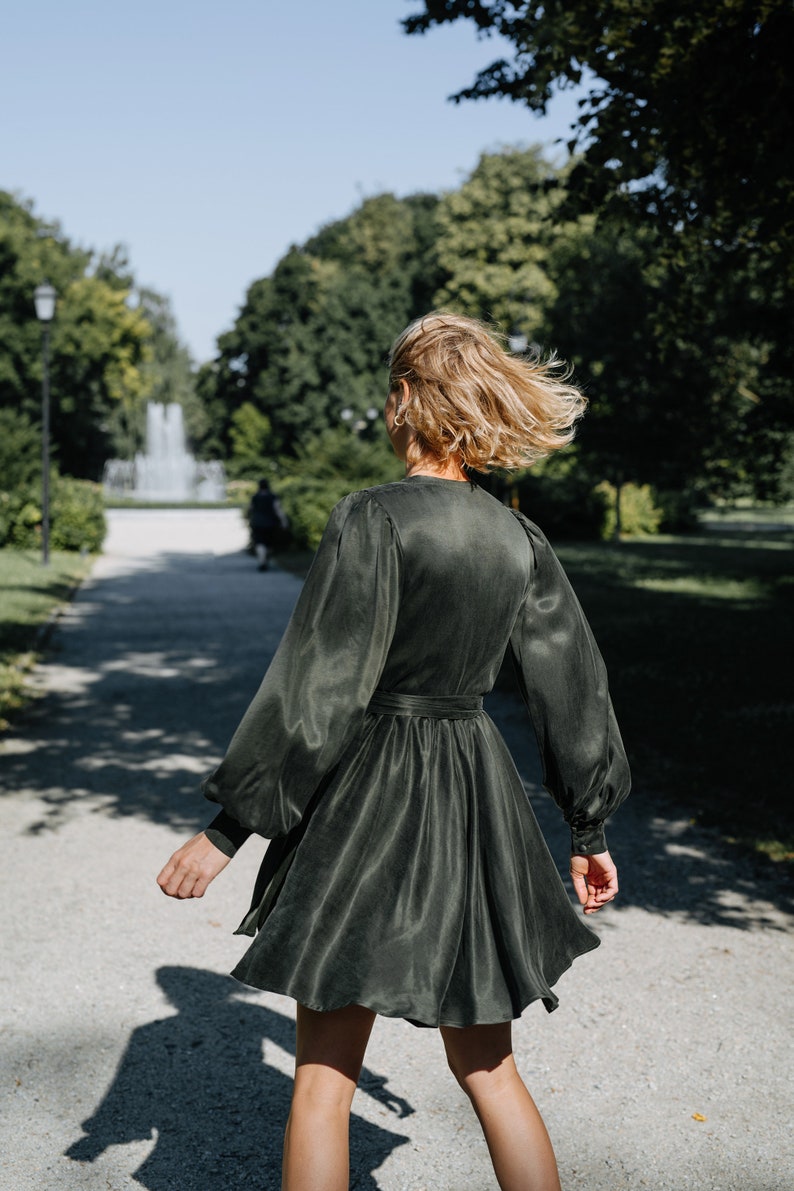 Ula Dress, Wrap Women Cupro Dress, Green Cupro Dress, Bridesmaids Cupro ...