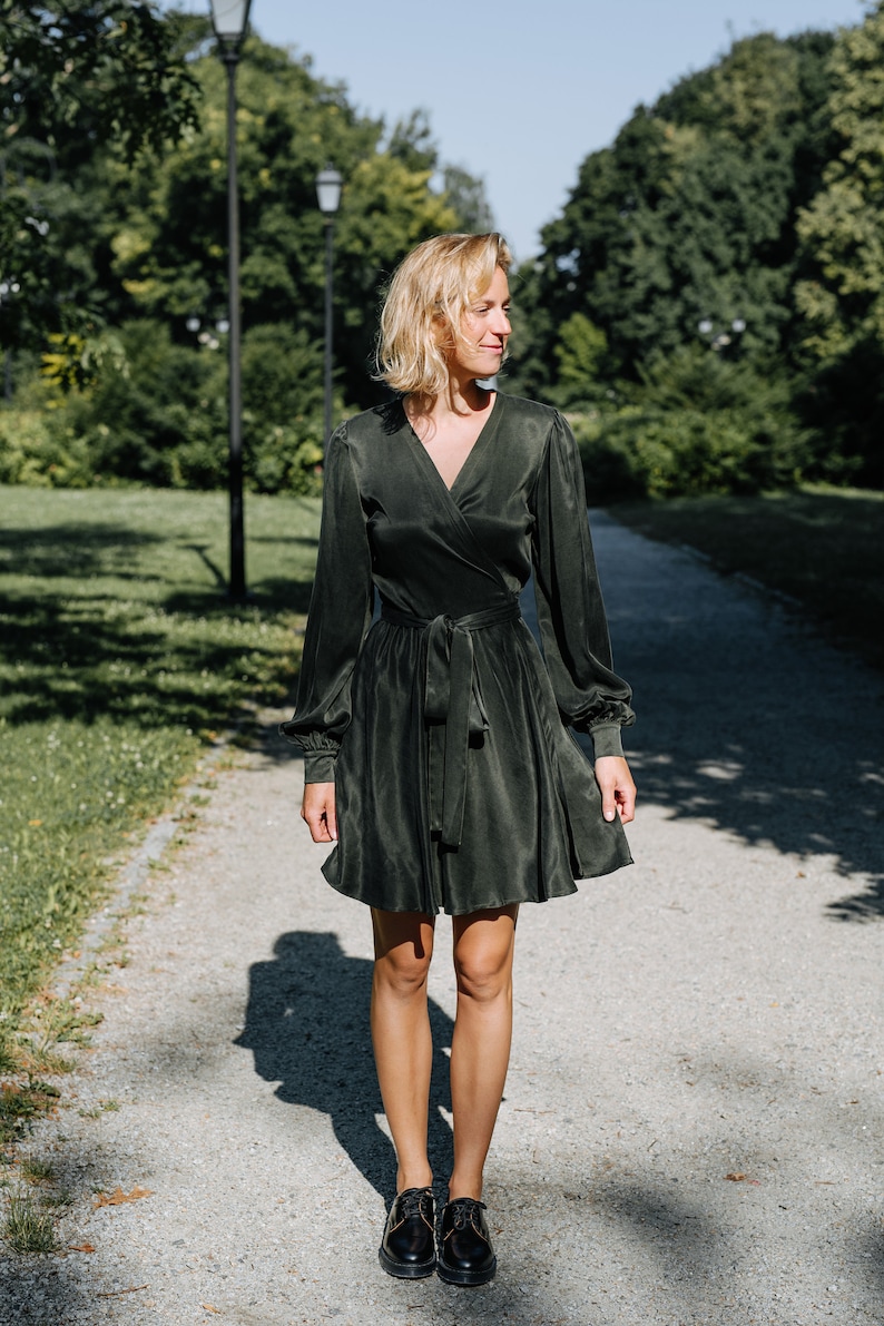 Ula Dress, Wrap Women Cupro Dress, Green Cupro Dress, Bridesmaids Cupro ...