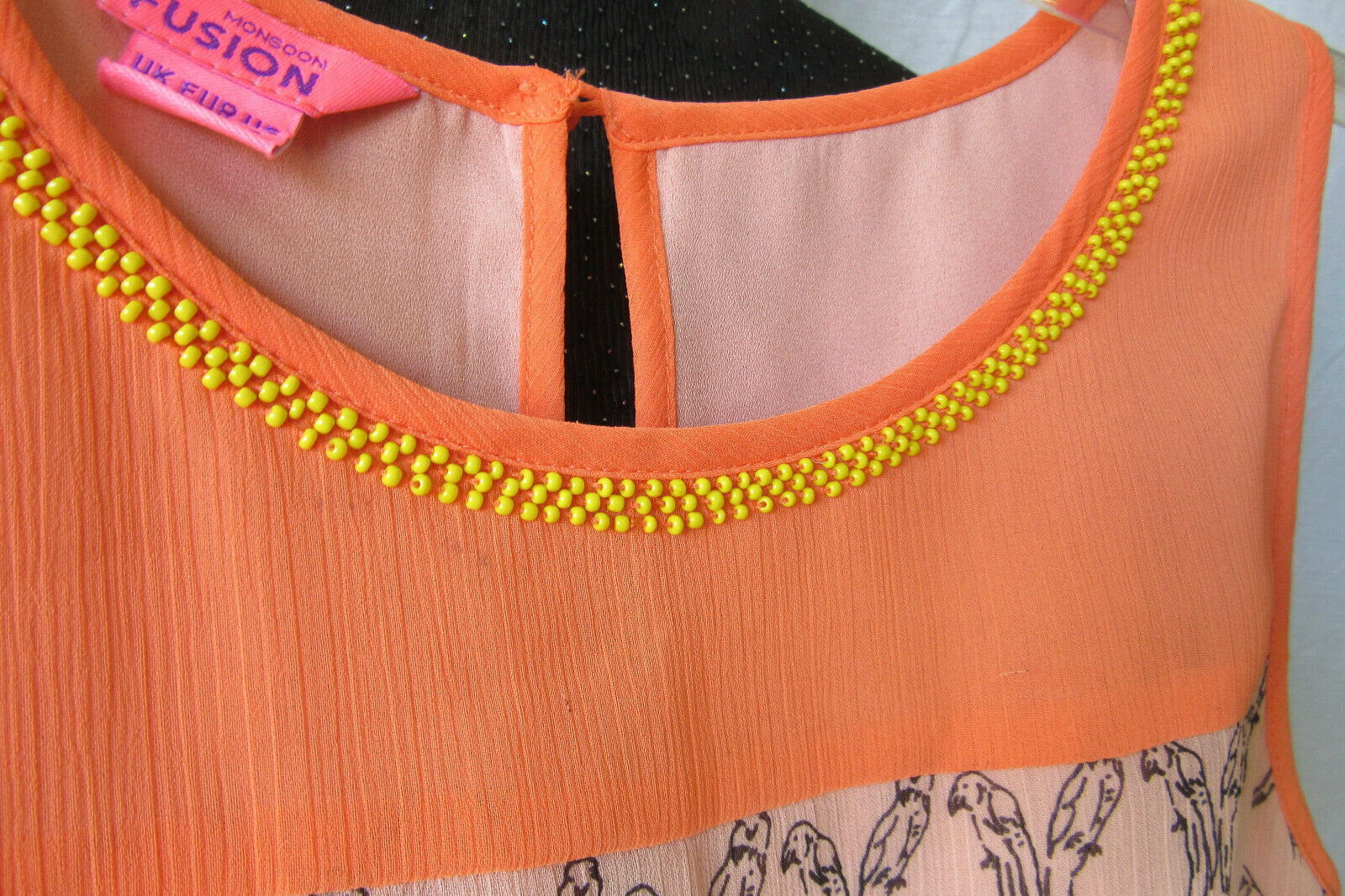 Vintage Monsoon Fusion Chiffon Dress, Orange Parrots, Birds, British ...