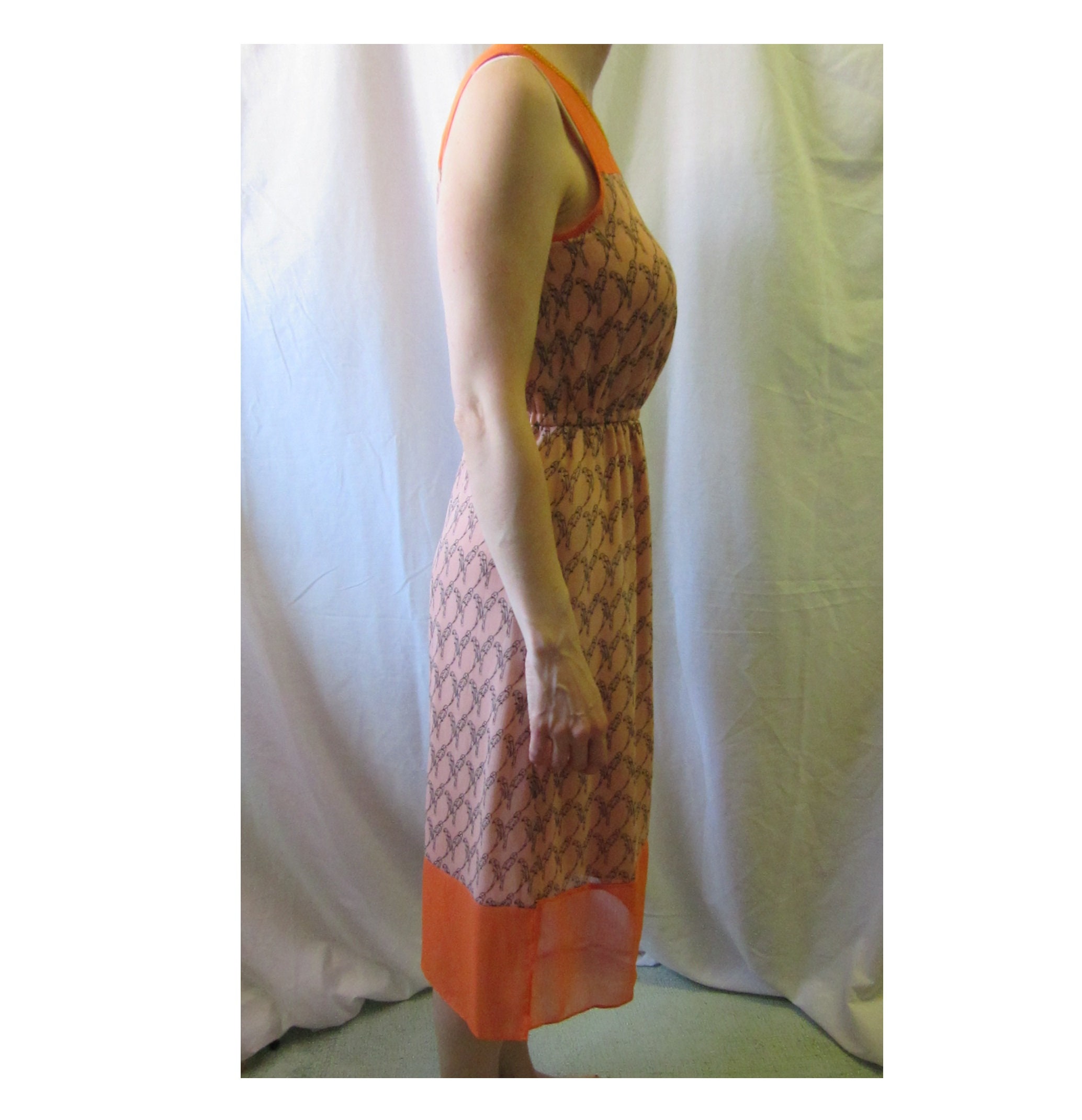 Vintage Monsoon Fusion Chiffon Dress, Orange Parrots, Birds, British ...
