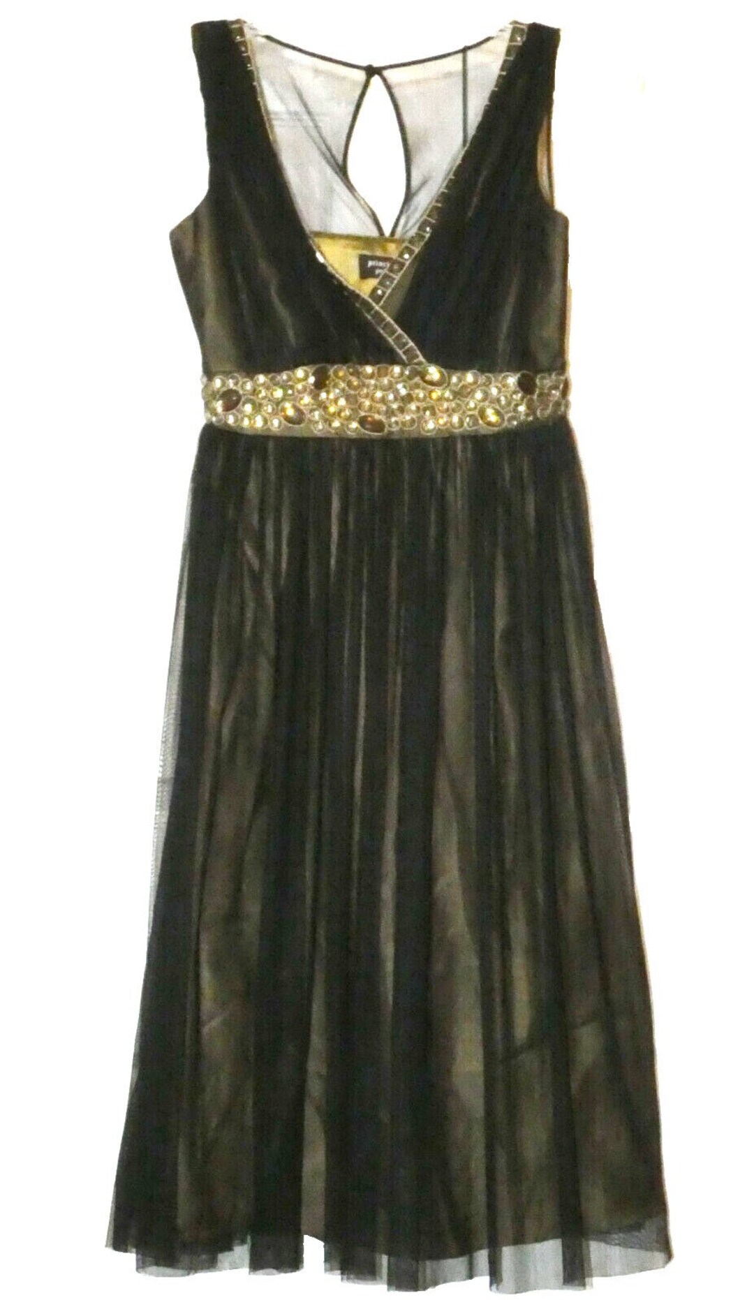 Principles Petite Dress Black Chiffon Over Gold Rhinestones Ruched ...