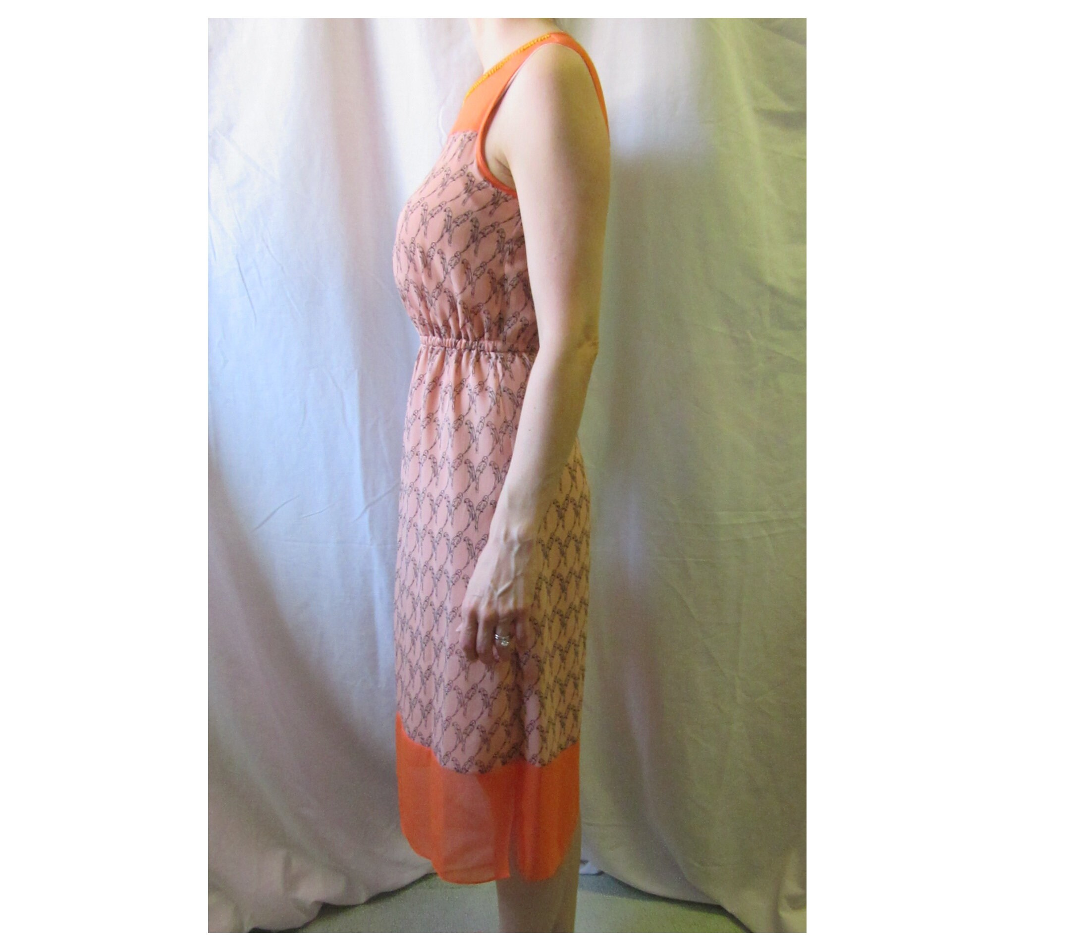 Vintage Monsoon Fusion Chiffon Dress, Orange Parrots, Birds, British ...