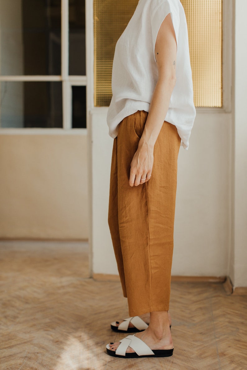 Bright Orange Mustard Yellow Linen Minimalistic Linen Culottes Pants ...
