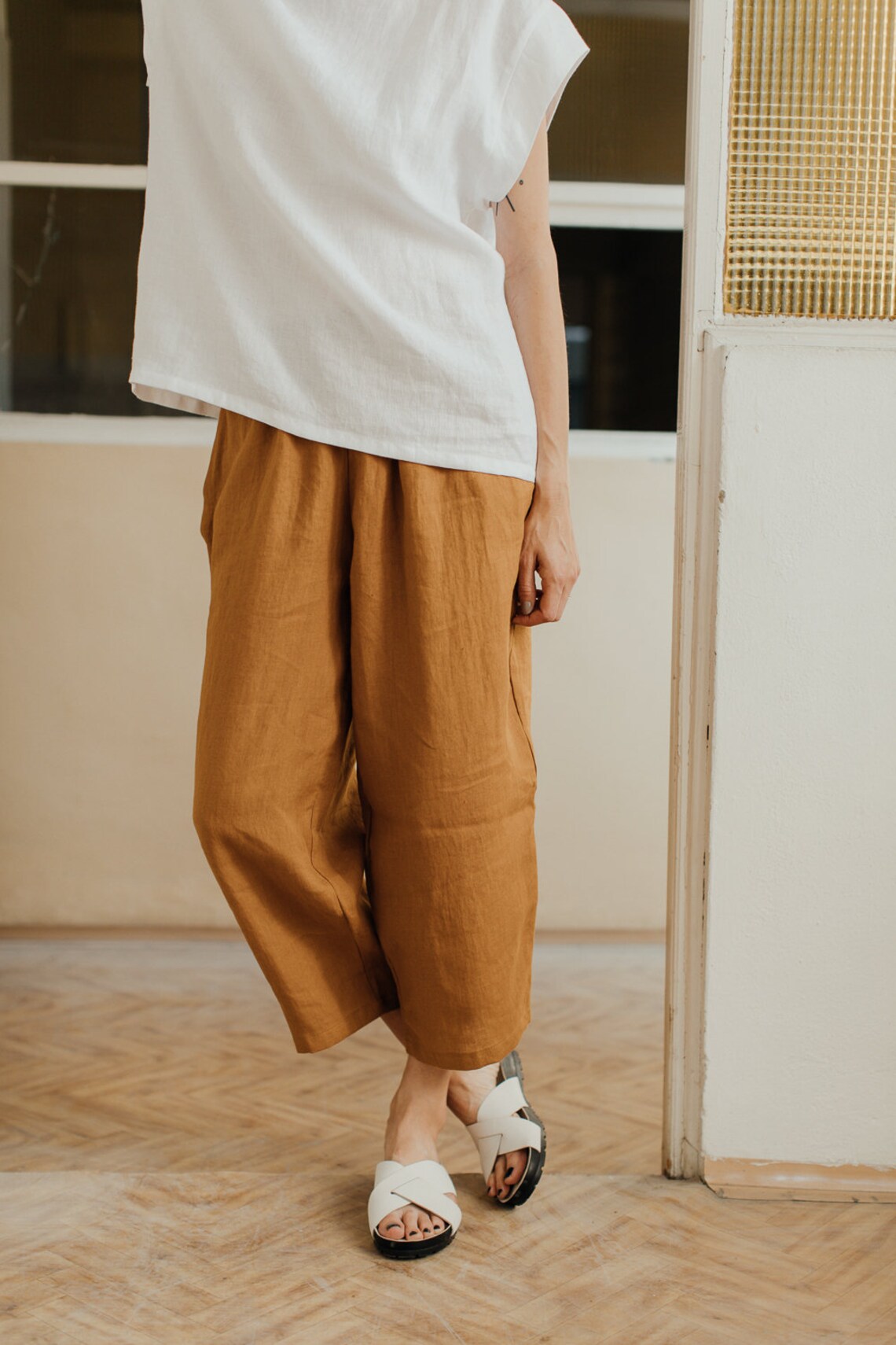 Bright Orange Mustard Yellow Linen Minimalistic Linen Culottes Pants ...
