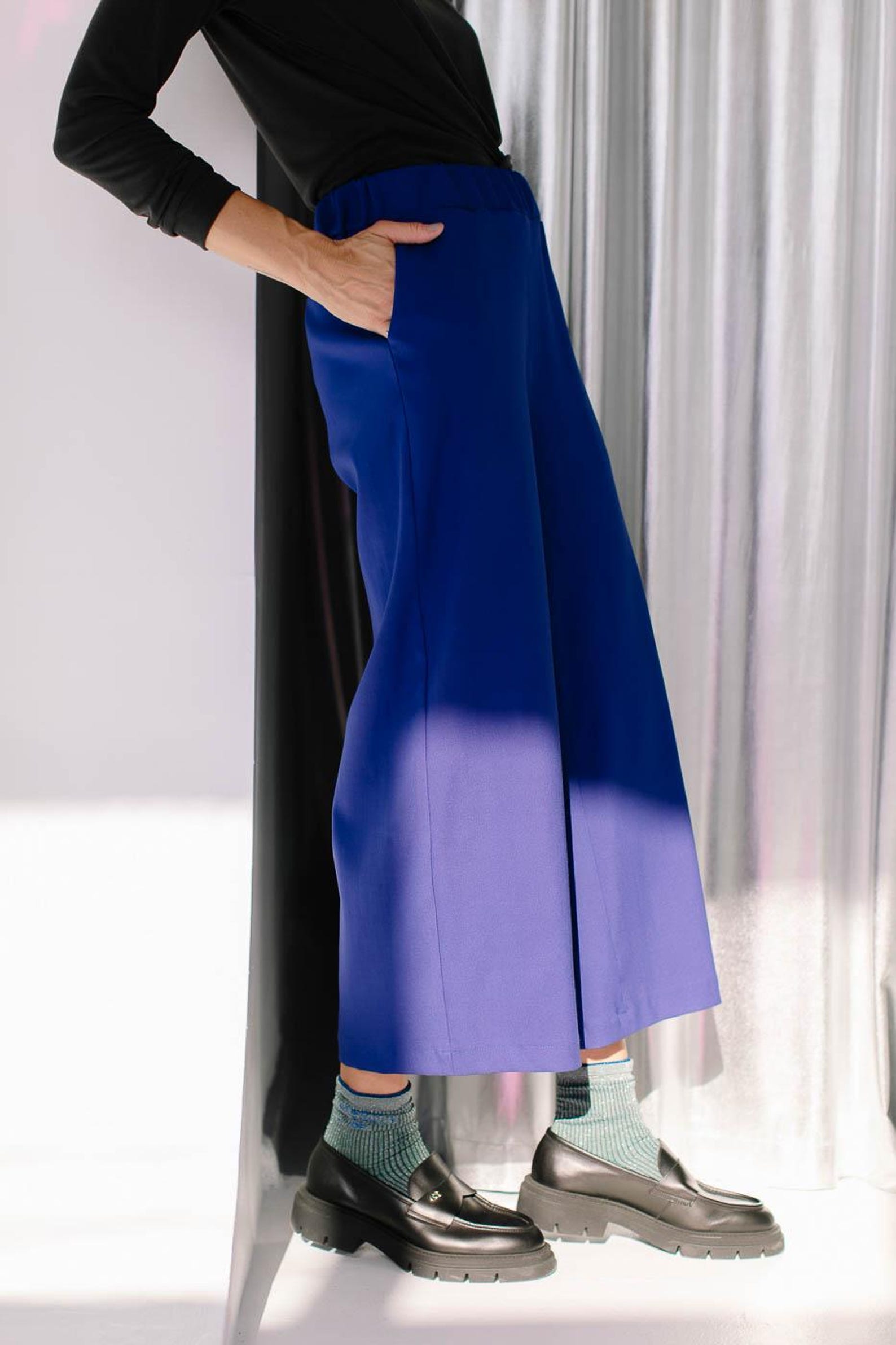 Cobalt Blue Wool Wide Flared Trousers JACKIE - Etsy