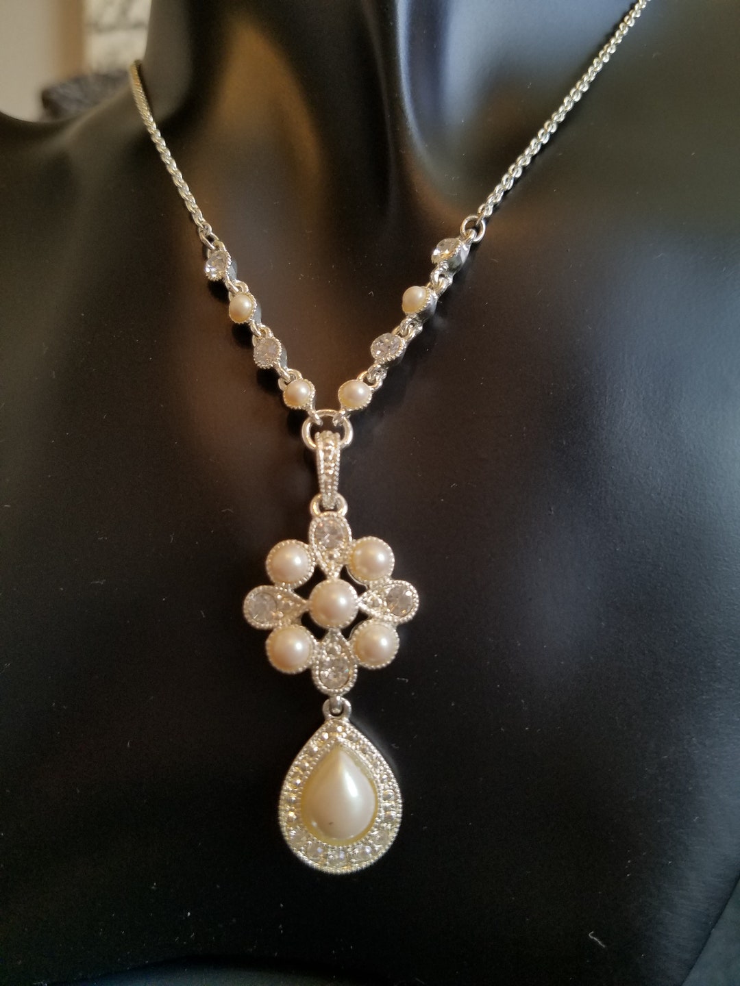 Vtg. Bridal Wedding Crown Trifari Lariat With Clear & White Stones on Silver Tone Setting ...