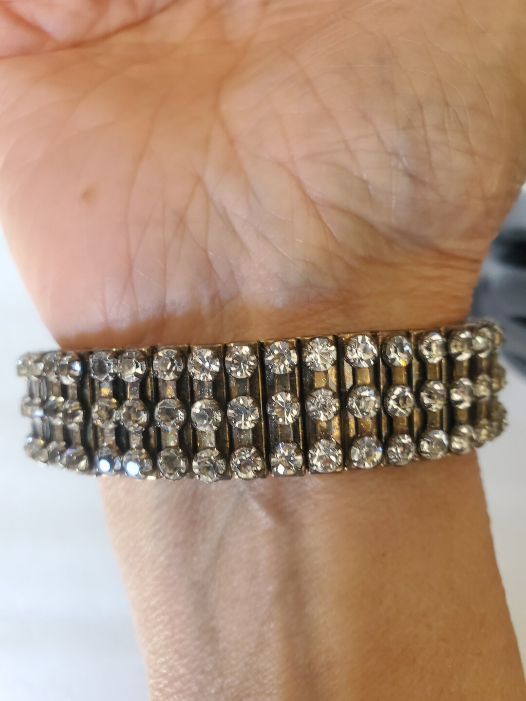 Book Piece 1940's Expansion Bracelet With 3 Rows of Clear Rhinestones ...