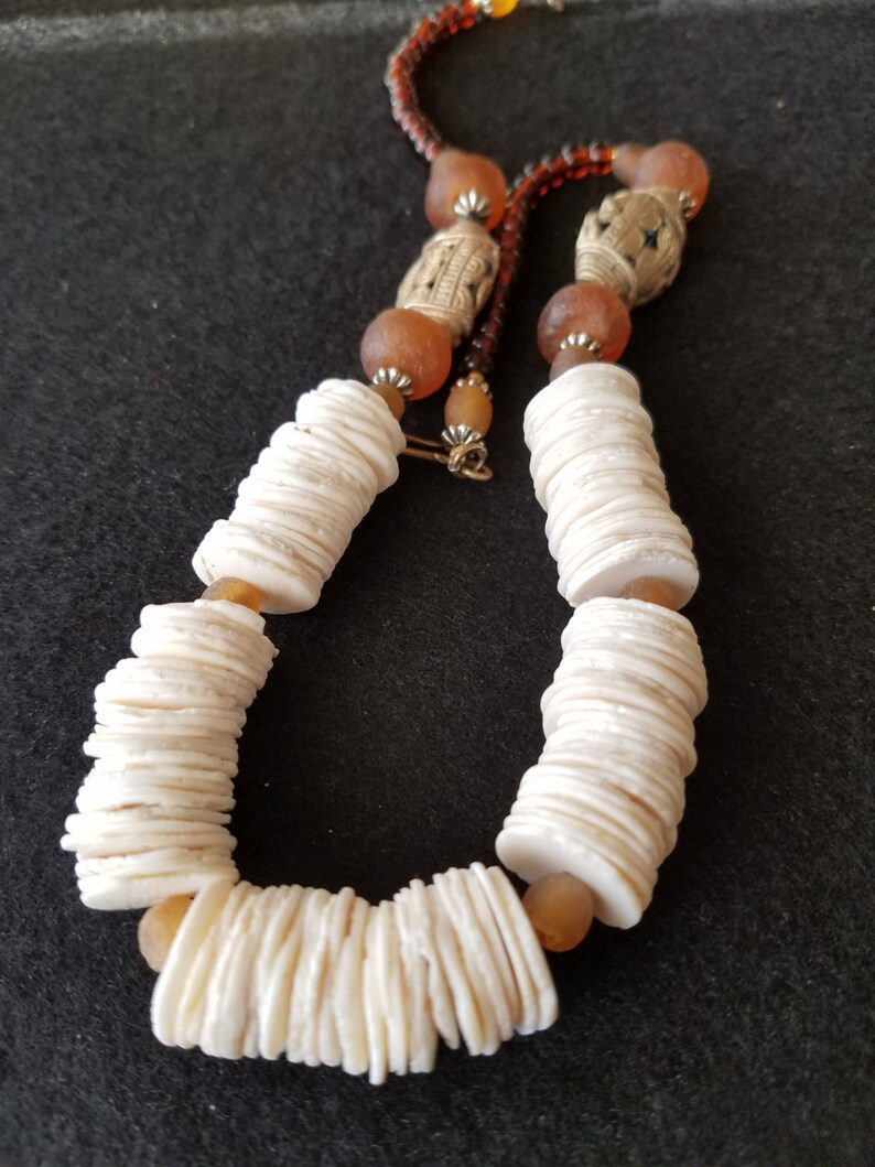 Vintage African Style Conch Shell Necklace White Disk Stone | Etsy