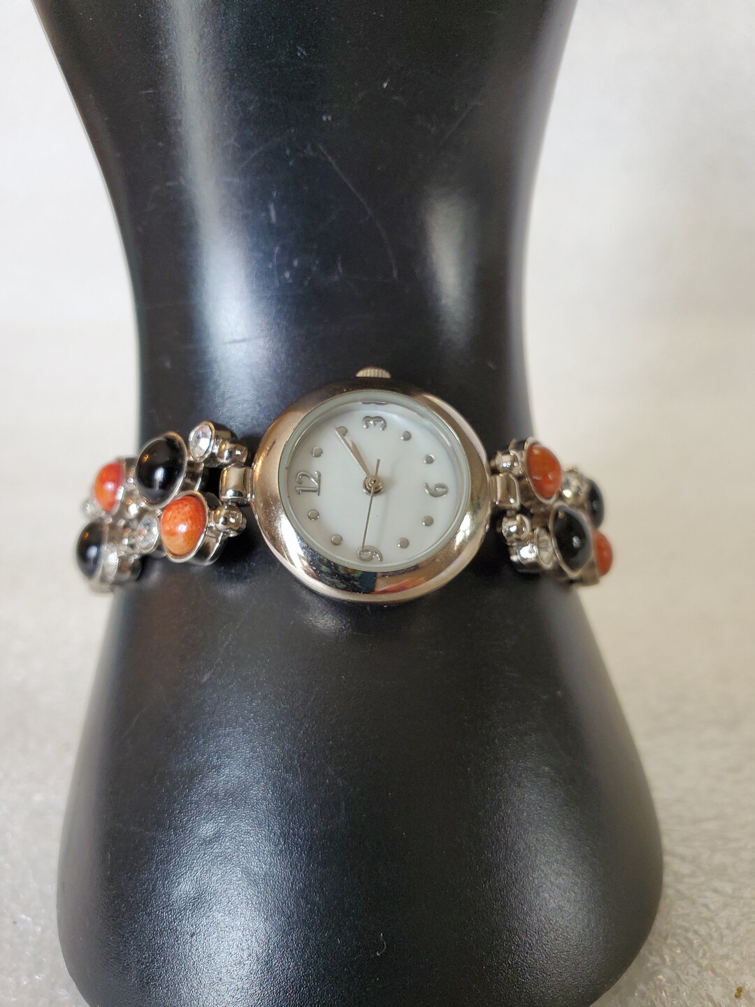 Vintage Christian Benet Black & Orange Cabochon Watch: Silver Tone ...