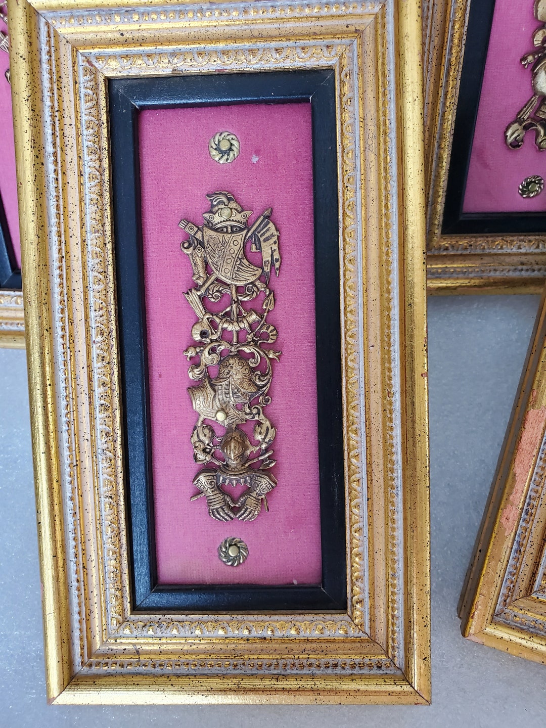 Vintage Set of 4 Tall Heraldic Emblem Wall Decor: Gilded Wood Frames ...