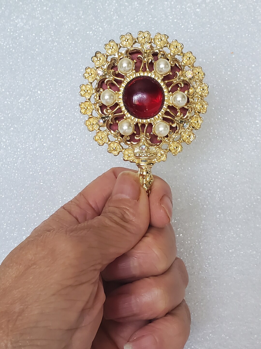 Mid-century Gold Tone "sam Fink" Bejeweled Purse Size Mirror W/faux ...