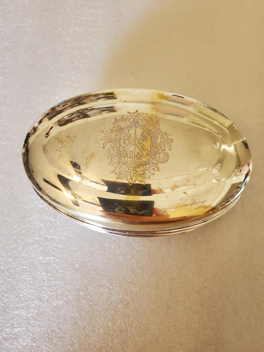Vintage Silver Tone Oval Lidded Jewelry Trinket W/ Coat of Arms ...