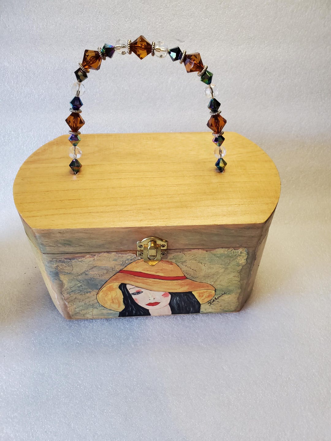 1970's Wooden Box Purse W/hand-painted Ladies & Bejeweled Handle Signed ...