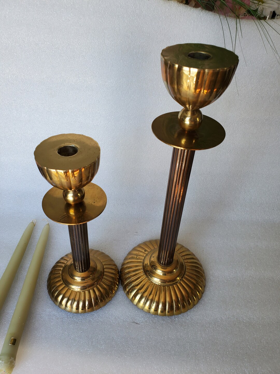 Mid-century Modern 14" & 10.5" Pair of Brass Ribbed Candlestick Holders ...