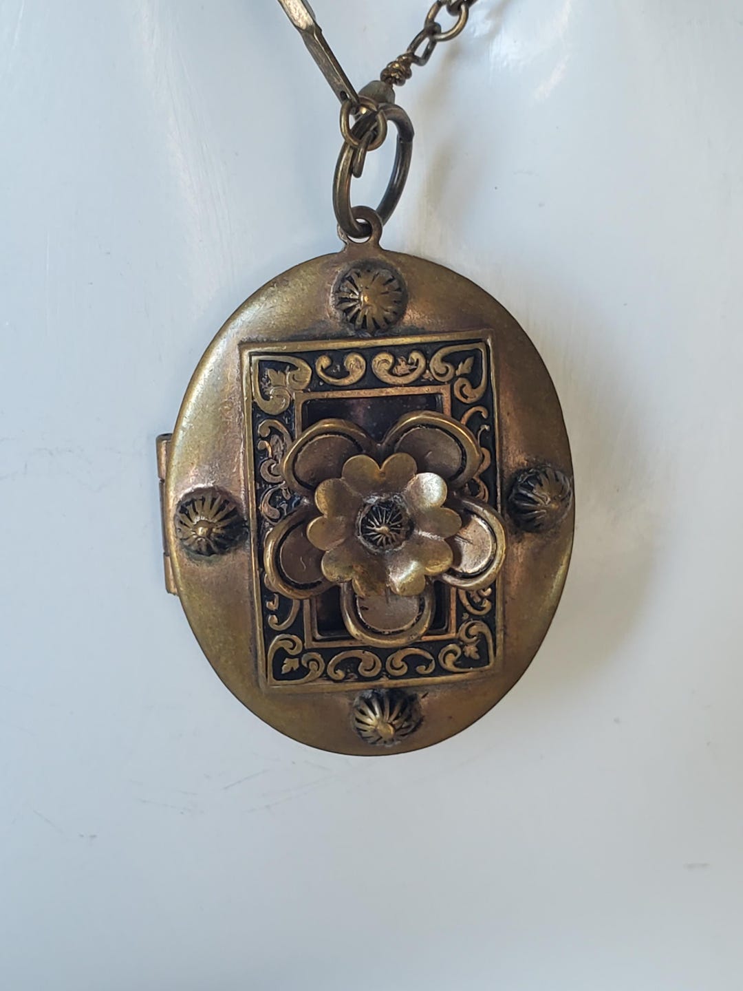 Vintage Brass Photo Locket Necklace: 3D Flower, Victorian Revival Style ...