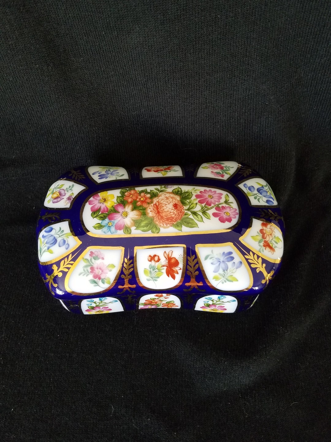 Vintage Royal Blue Porcelain Trinket Box: Hand-painted Floral Bouquet ...