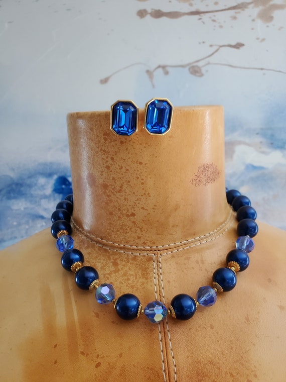 Vintage Royal Blue 50's Beaded Choker W/Monet Blue Gl… - Gem
