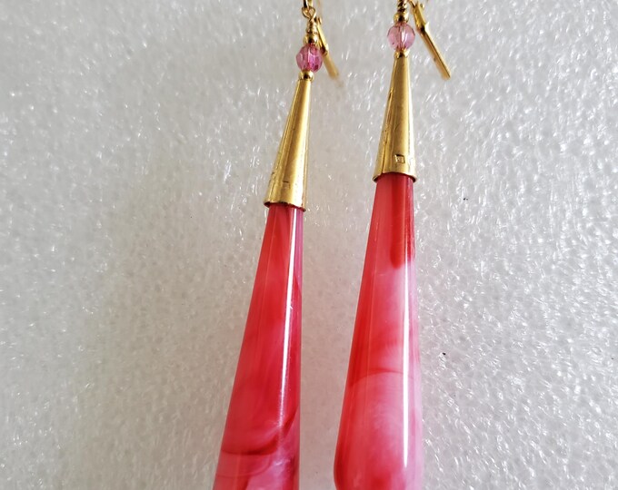 Vintage Pink Marbleized Lucite Long Statement Earrings W/ Lever Back ...