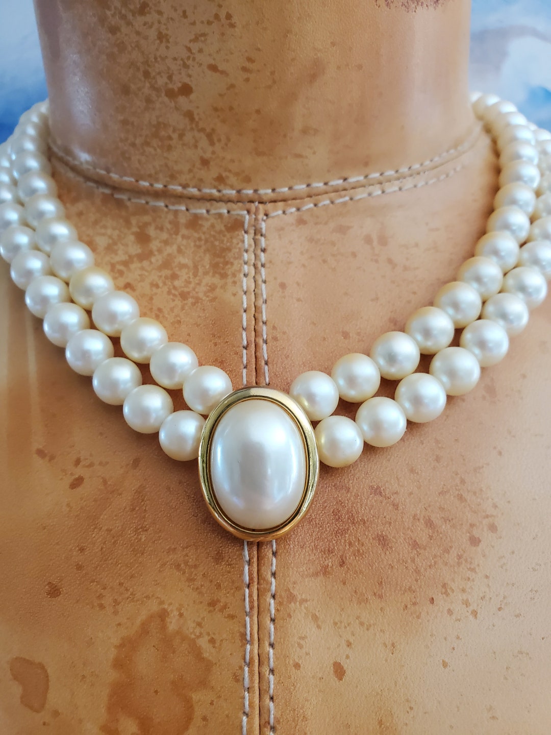 Vintage LCI Double Beaded Beige Pearl Necklace W/ Gold Tone Findings ...