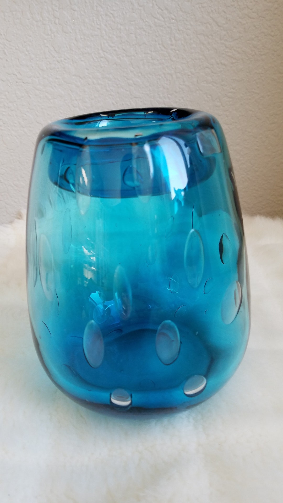 Mid-century Blue Bullicante Bubbles Glass Vase Art W/ Doubled Fold Rim ...