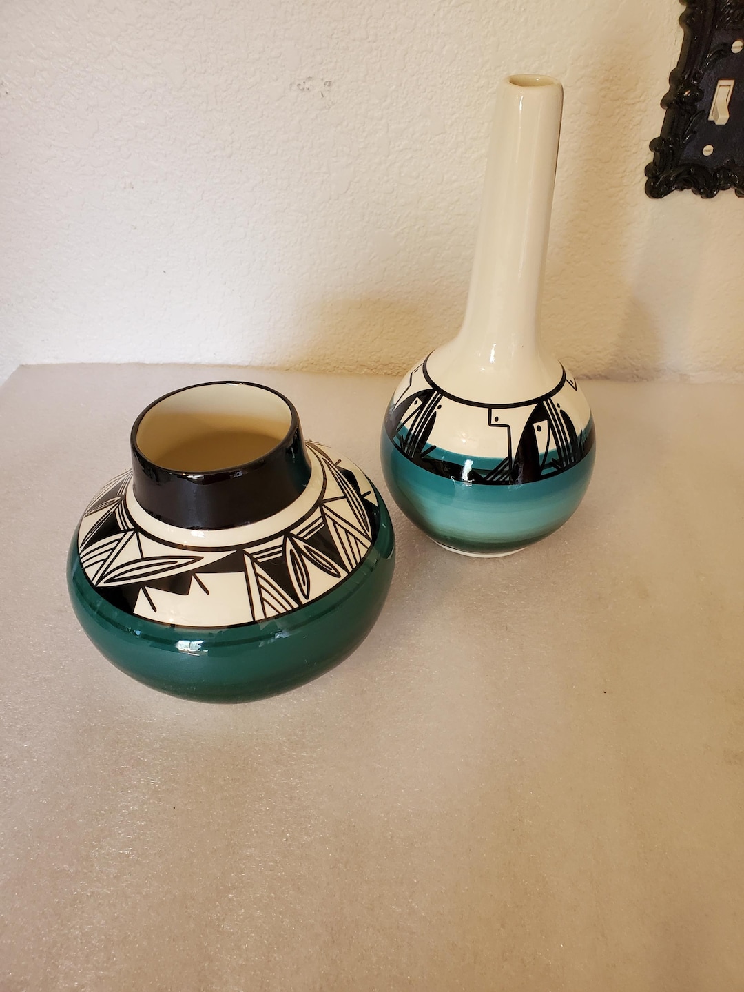 Vintage Ute Pottery Vase & Bowl Set: Black N Teal Southwestern Decor ...