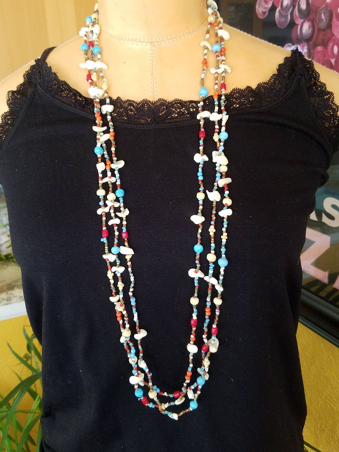 Native American Beaded Treasure Necklace: Mother of Pearl, Red Seed ...