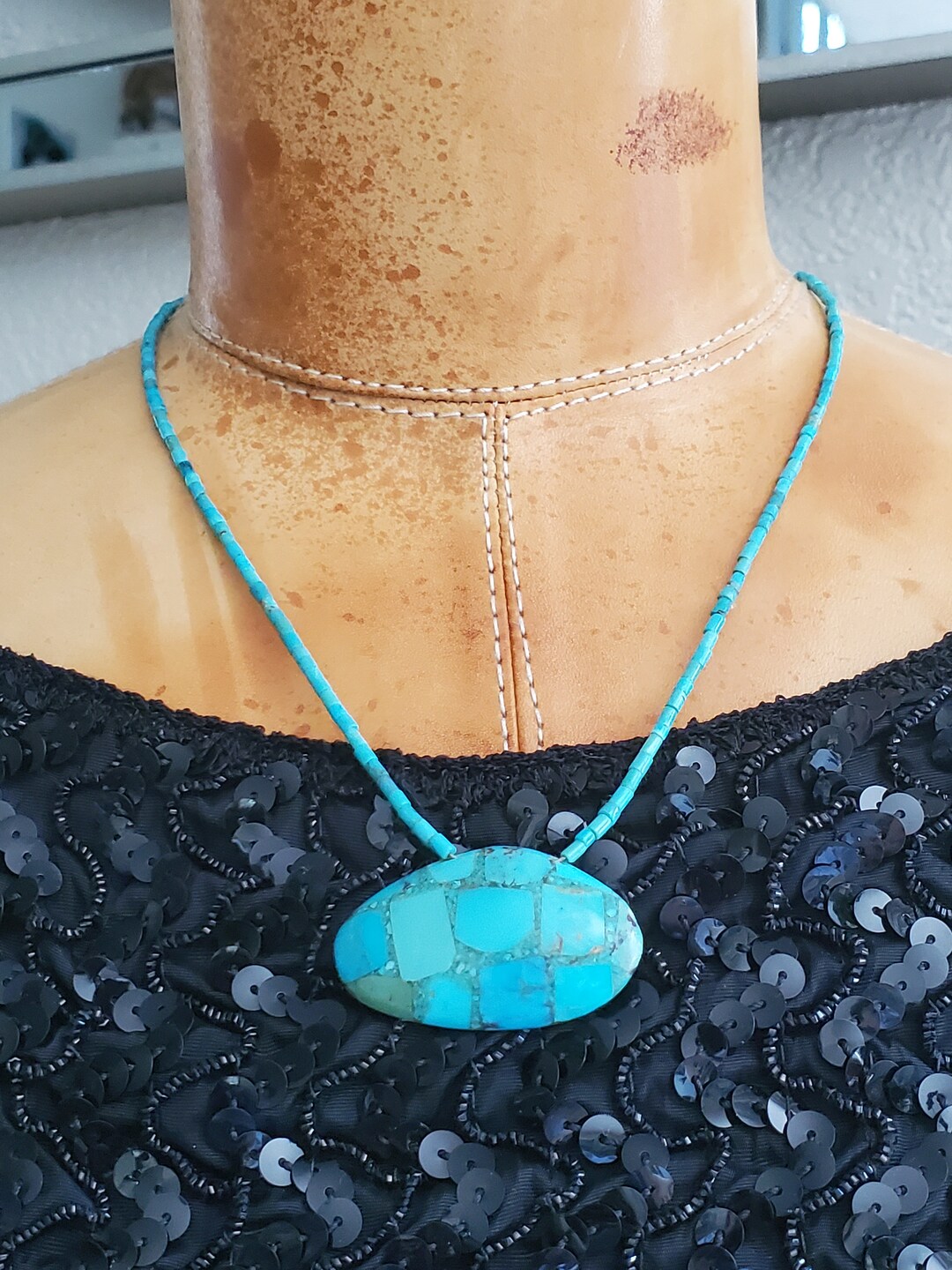 Designer Mosaic Inlay Turquoise Clam Shell Necklace Signed SAJEN 925 CN ...