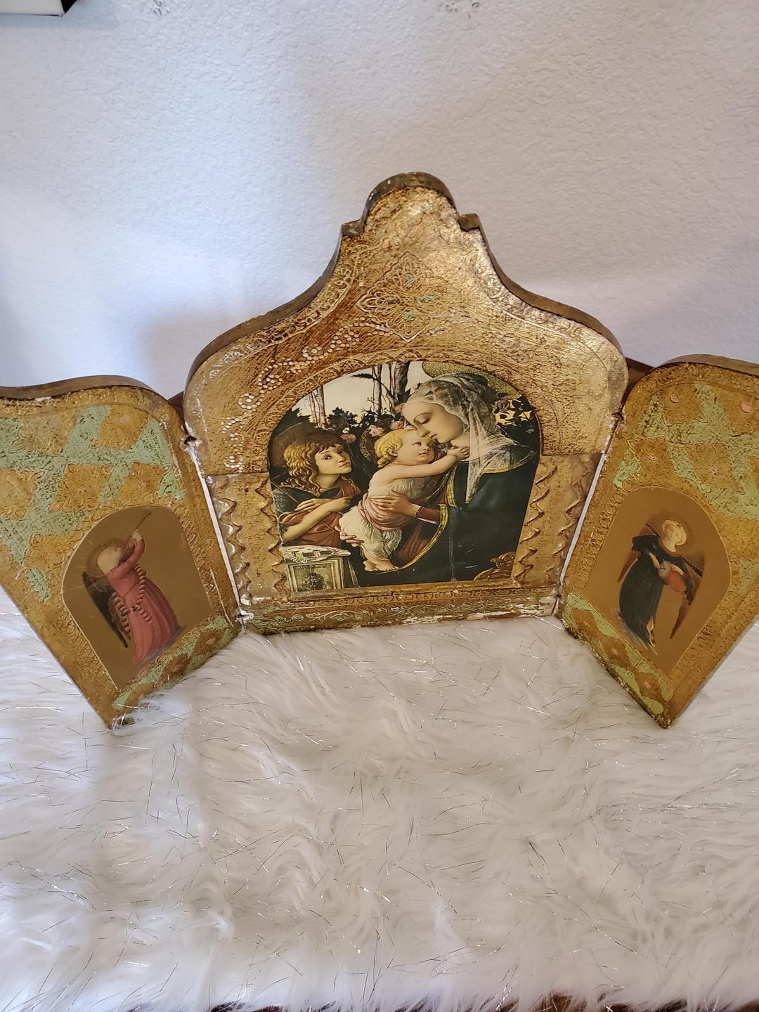 Vintage Florentine Triptych Madonna & Jesus and St. John the Baptist Also 2 Angels on Each Side ...