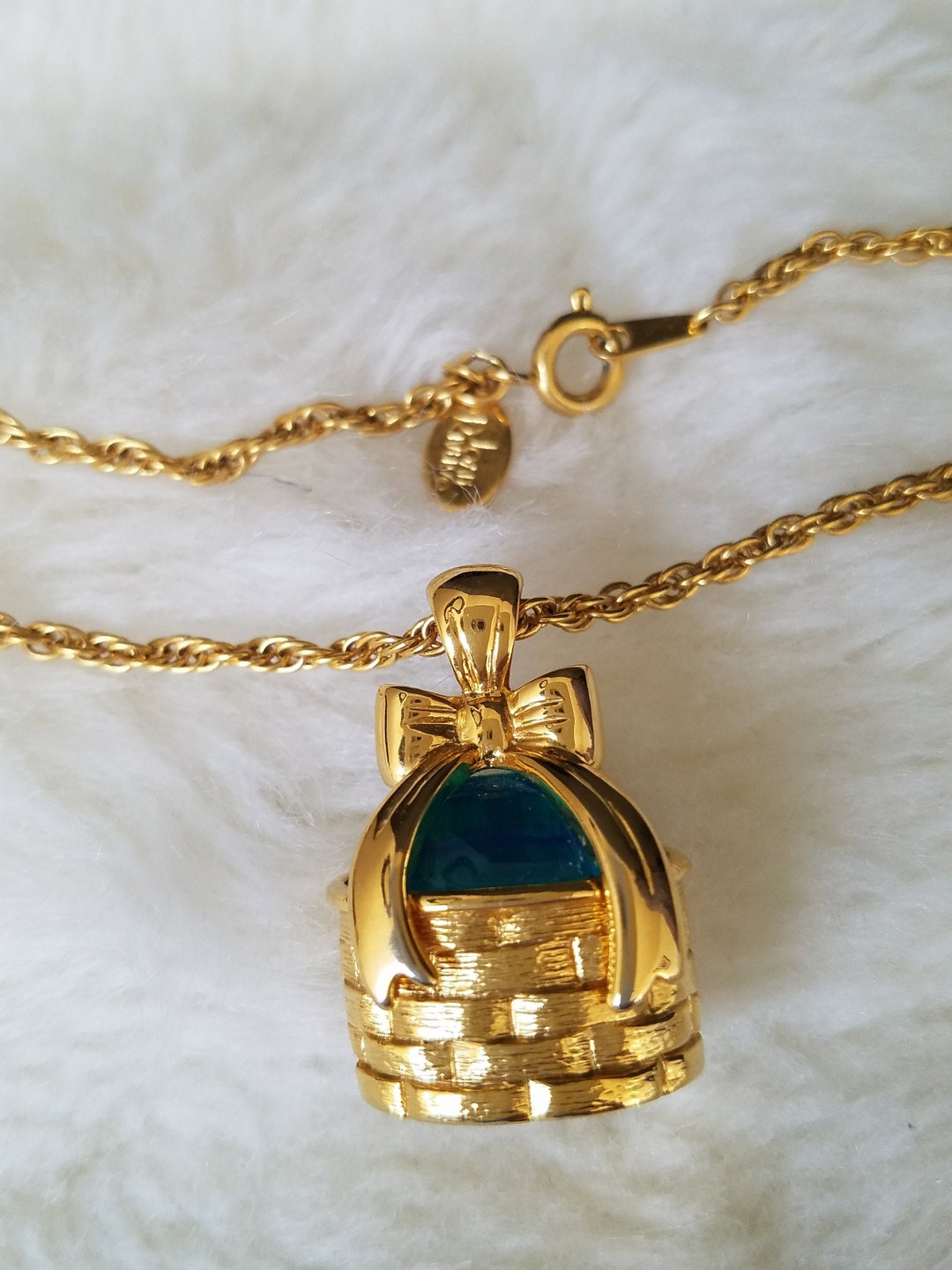 Vintage Joan Rivers Gold Tone Metal Basket With Blue Egg Pendant ...