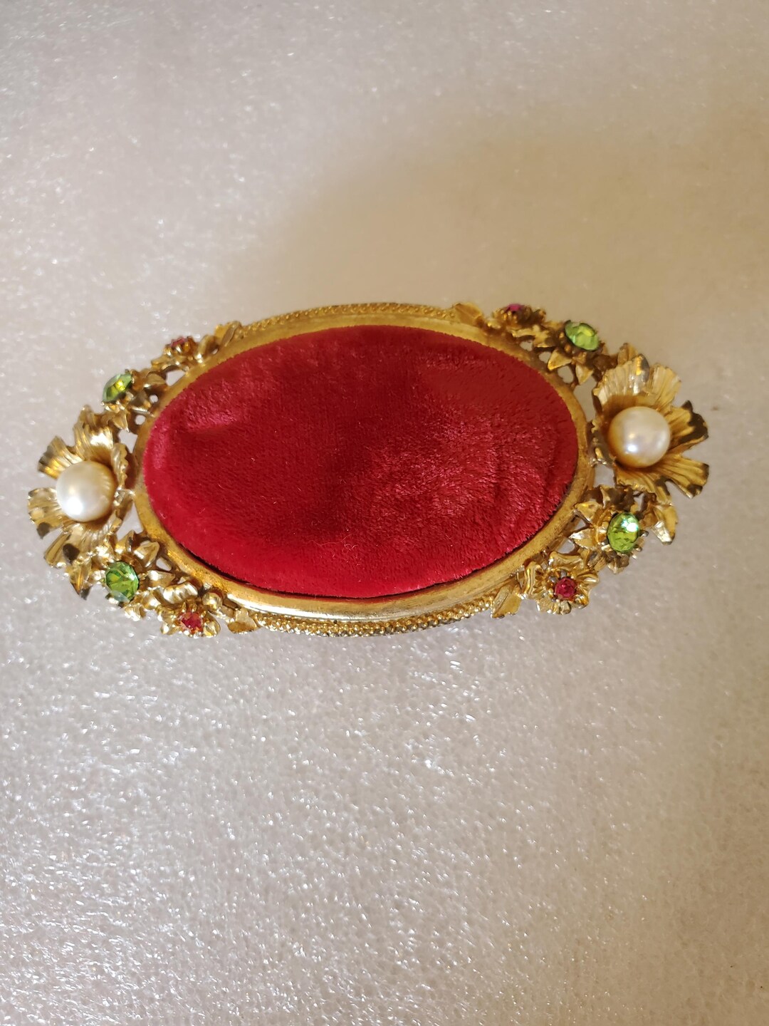 Vintage Gold Tone Signed florenza Red Velvet Pin Covered Trinket Box ...