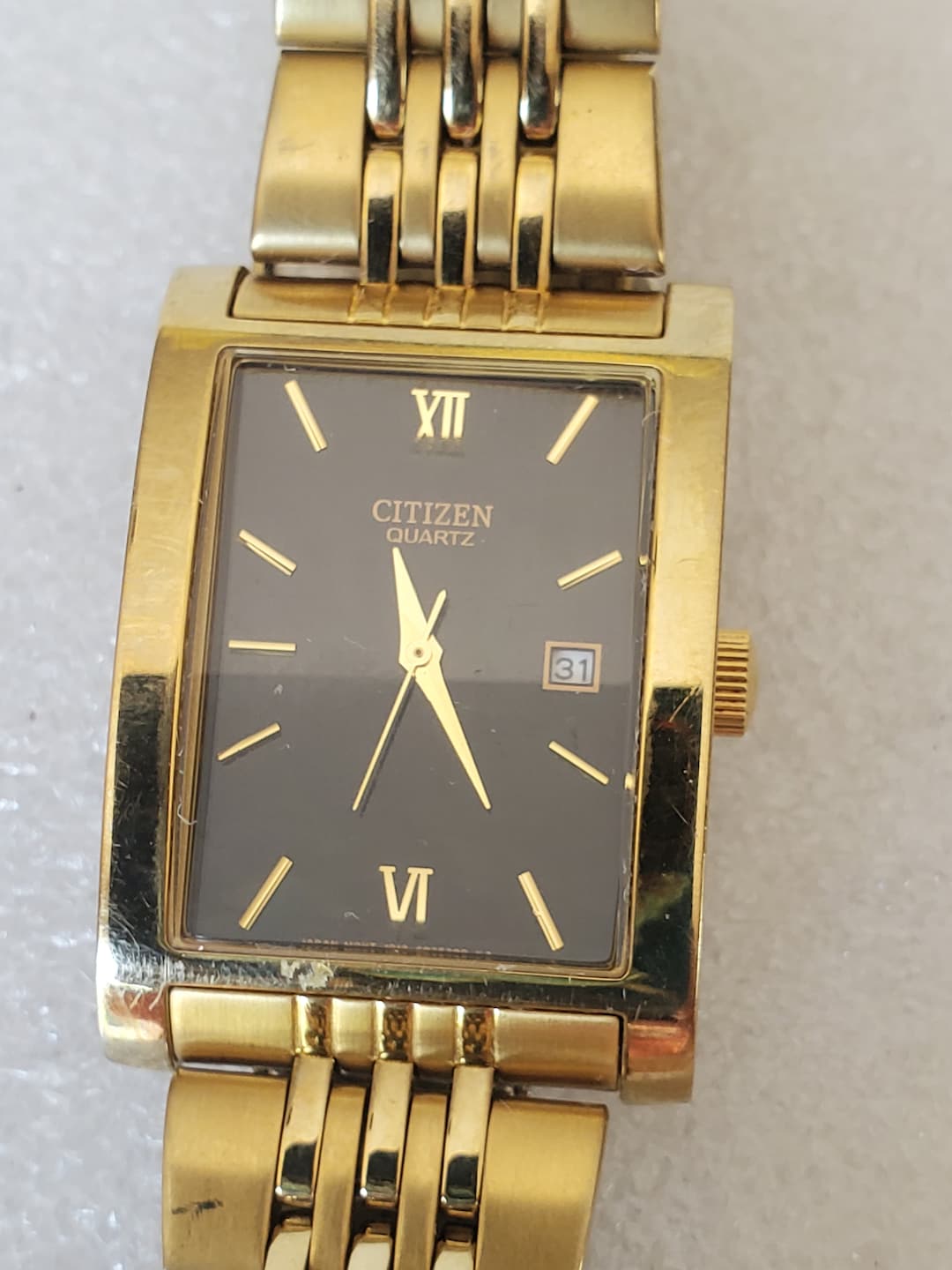 Vintage Men's Gold Tone Citizen Quartz Watch With Date Slot N Rectangular Shaped W/black Face ...