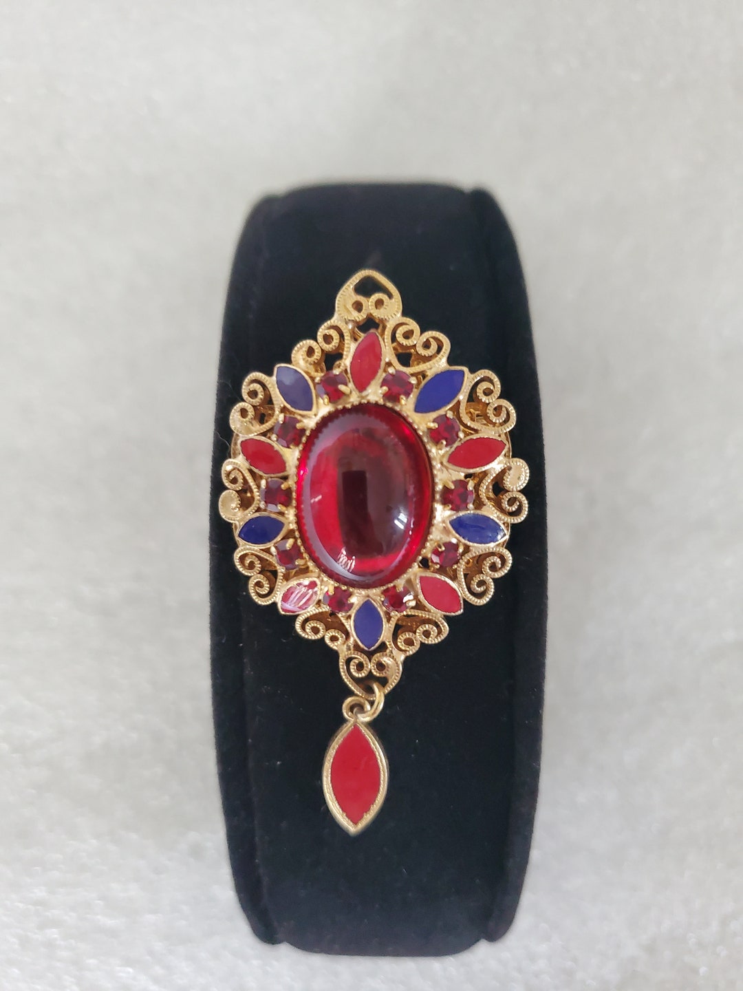 Vintage Blue & Red Enamel Filigree Glass Cabochon Brooch - Etsy