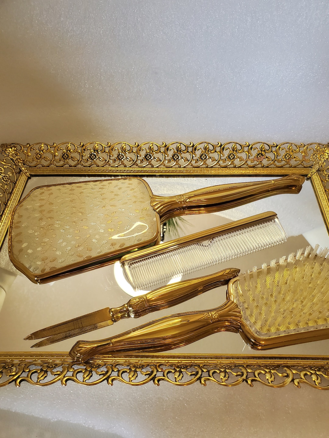 Vintage Gold Metal 5-piece Vanity Tray Set W/brocade Floral Pattern for ...